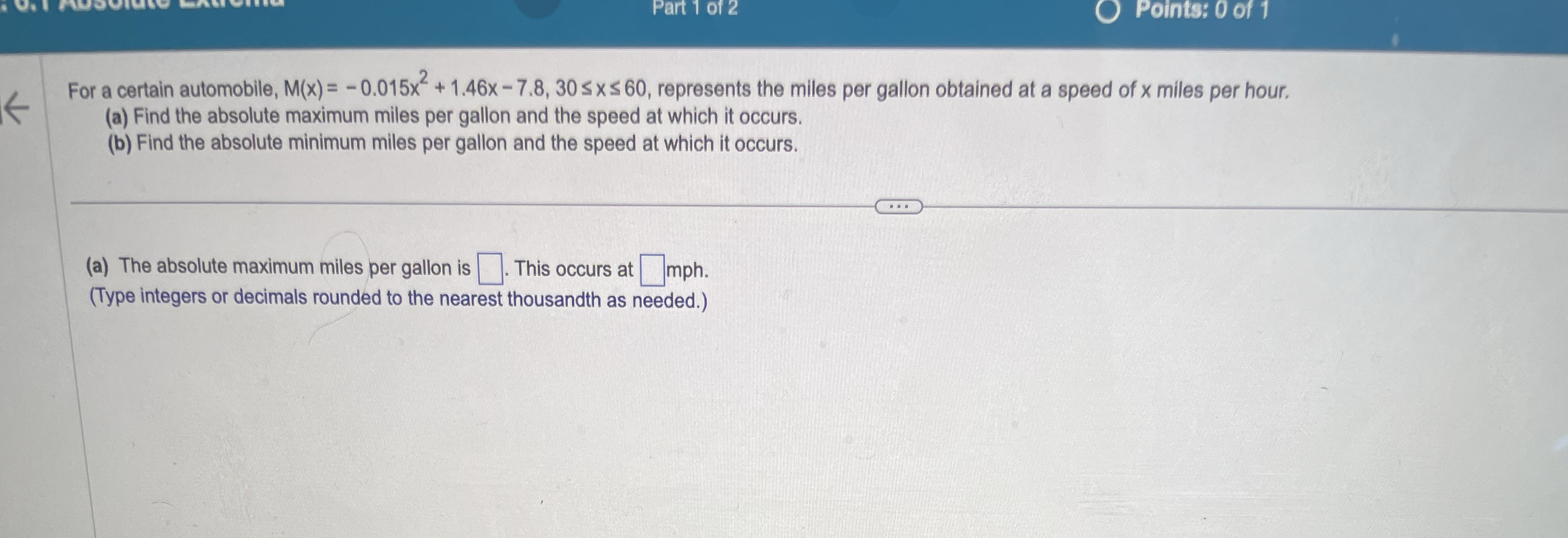 Solved Part 1 ﻿of 2Points: 0 ﻿of 1For a certain automobile, | Chegg.com