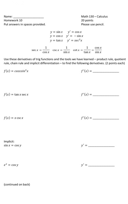 Solved Name: Math 130-Calculus Homework 10 20 points Please | Chegg.com
