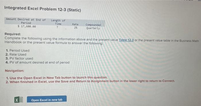 Solved Integrated Excel Problem 12.3 (Static) Required: | Chegg.com