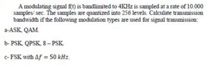 Solved A modulating signal f(t) is bandlimited to 4KHz is | Chegg.com