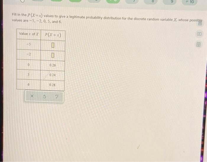 Solved 8 9 10 Fill in the P(X=x) values to give a legitimate | Chegg.com