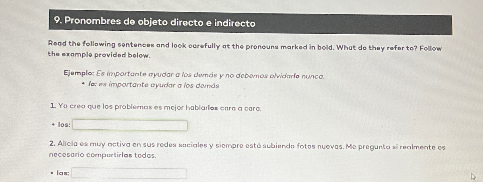 Solved Pronombres de objeto directo e indirectoRead the | Chegg.com