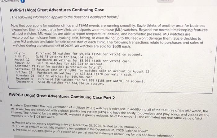 Solved RWP6-1 (Algo) Great Adventures Continuing Case [The | Chegg.com