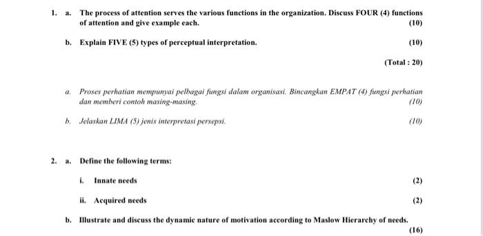 Solved 1. a. The process of attention serves the various | Chegg.com