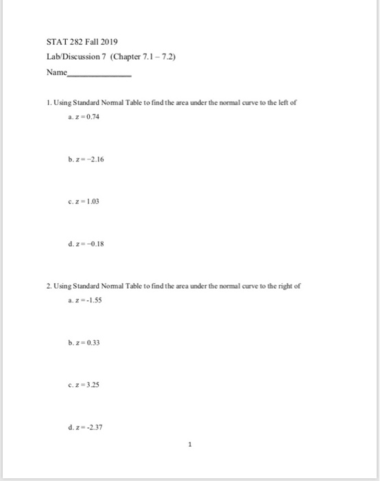 Solved STAT 282 Fall 2019 Lab Discussion 7 (Chapter 7.1-7.2) | Chegg.com