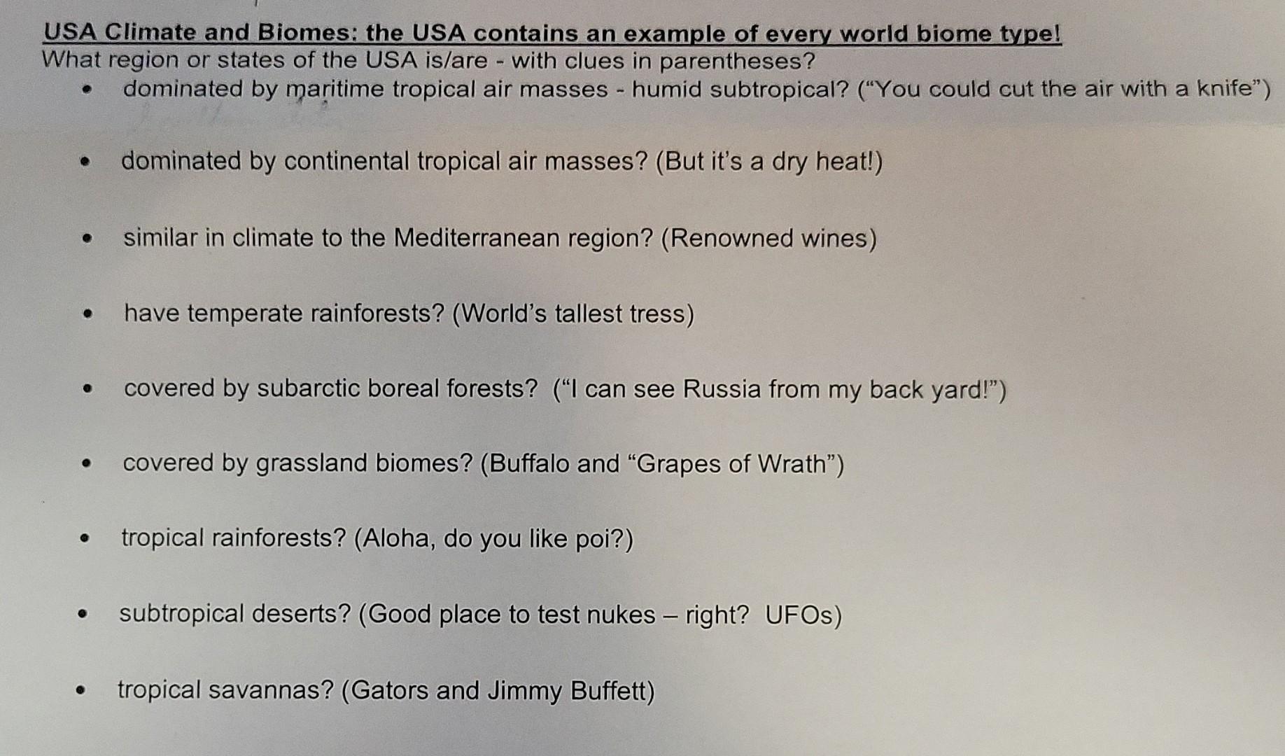 Solved USA Climate and Biomes: the USA contains an example | Chegg.com