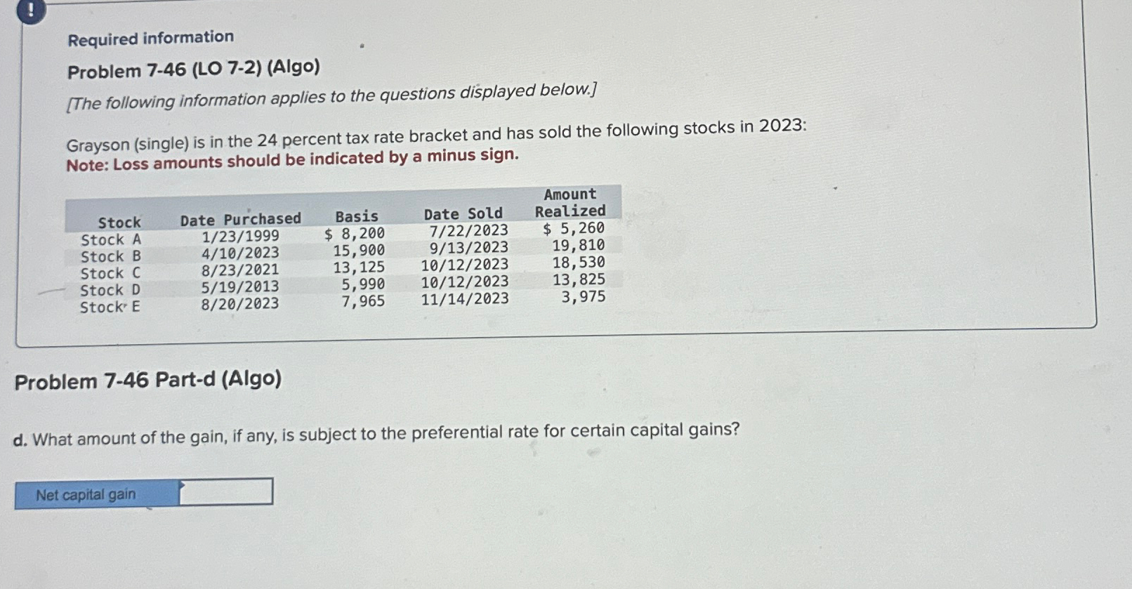 Solved Required informationProblem 7-46 (LO 7-2) (Algo)[The | Chegg.com