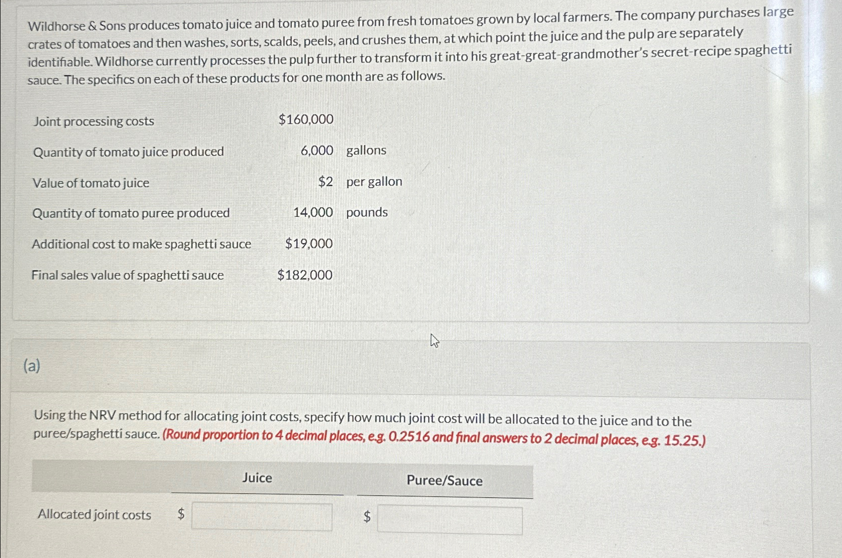 Solved Wildhorse & Sons produces tomato juice and tomato | Chegg.com