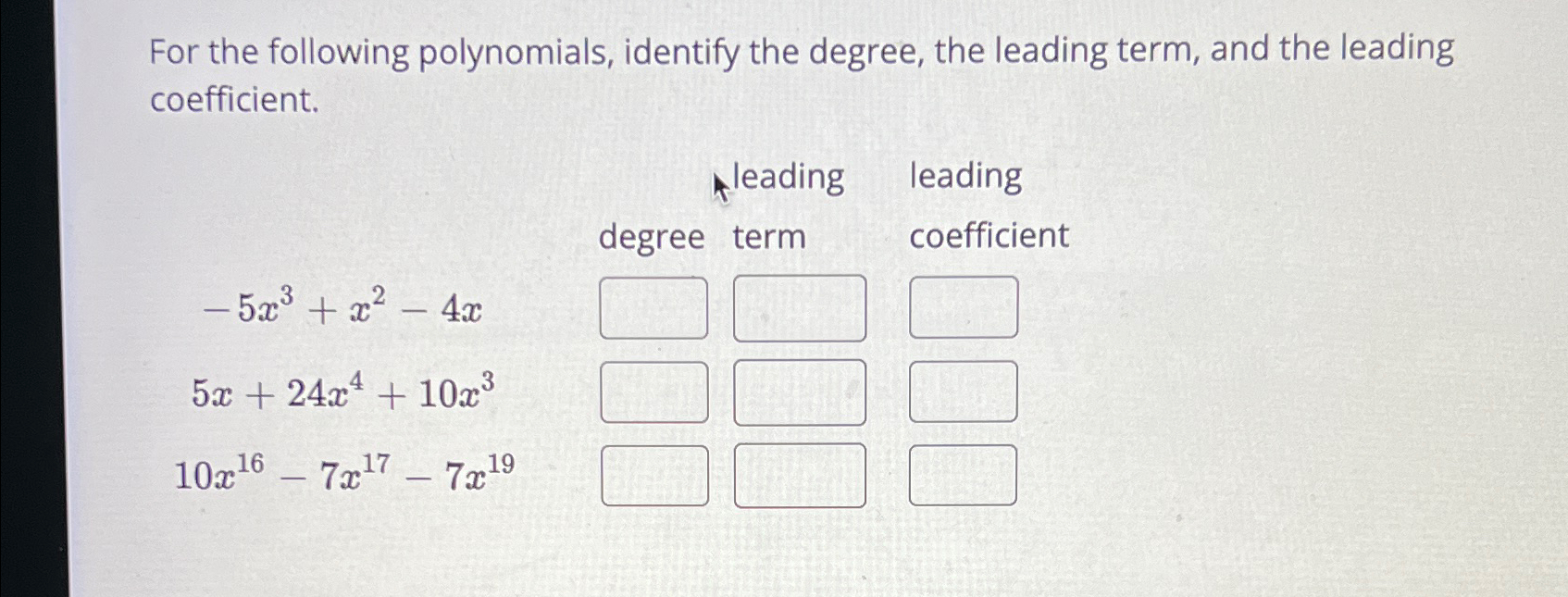 Solved For the following polynomials, identify the degree, | Chegg.com
