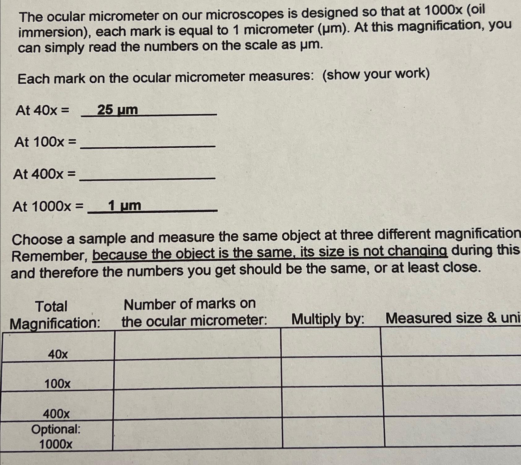 Solved The ocular micrometer on our microscopes is designed | Chegg.com