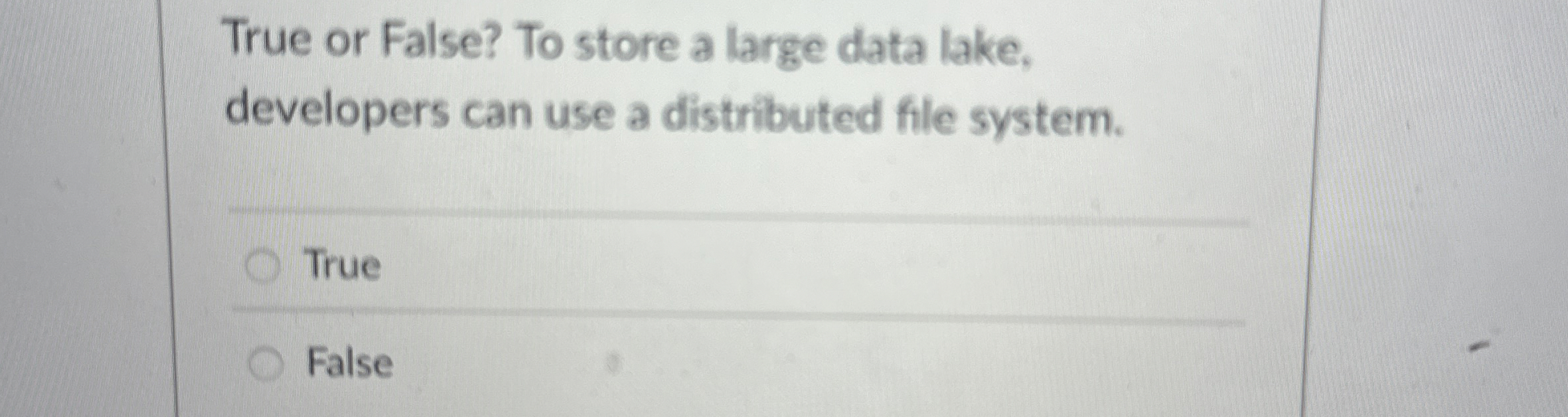 Solved True or False? To store a large data lake, developers | Chegg.com