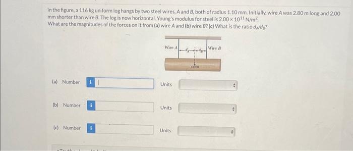 Solved In the figure, a 116 kg uniform log hangs by two | Chegg.com
