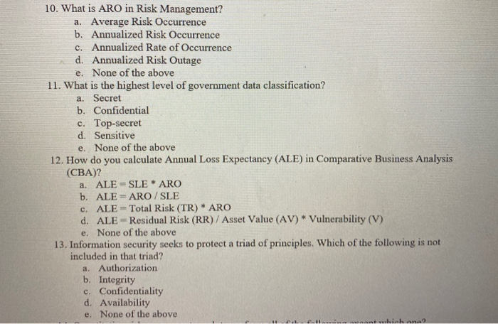 Solved 10. What is ARO in Risk Management? a. Average Risk | Chegg.com