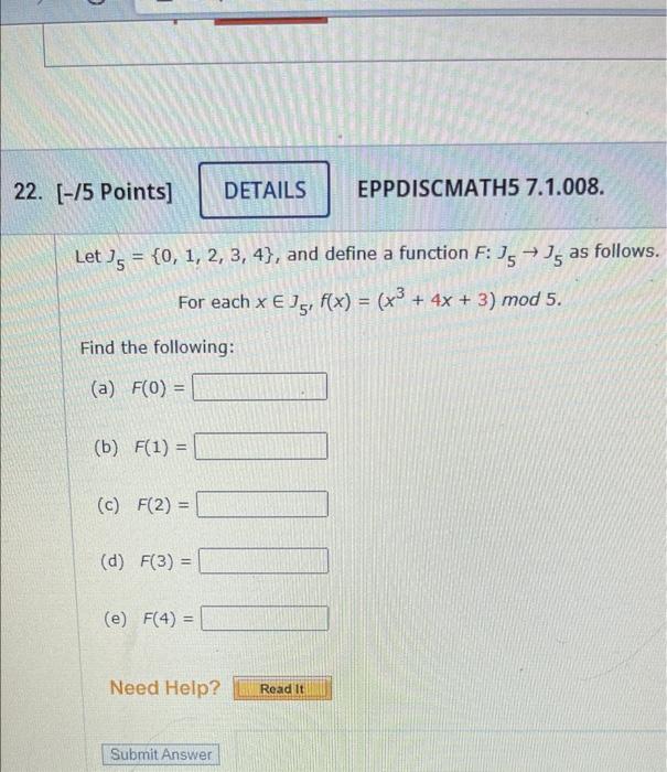 Solved 22. [-15 Points] DETAILS EPPDISCMATH5 7.1.008. Let Is | Chegg.com