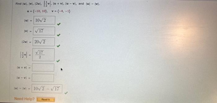 Solved Find ∣u∣, ∣v∣,,∣2u∣, ∣∣21v∣∣,∣u+v∣,∣u−v∣, and | Chegg.com
