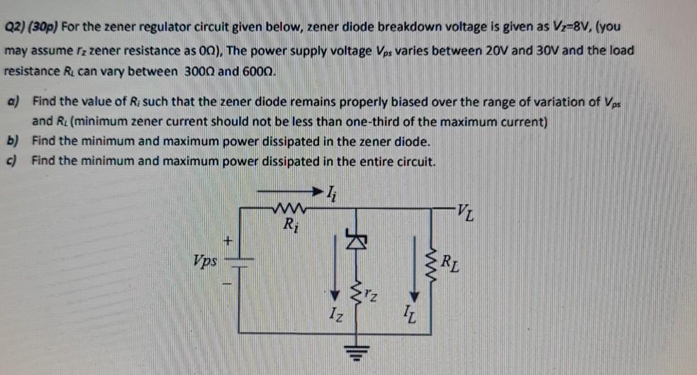 Solved Q2) (30p) For the zener regulator circuit given | Chegg.com