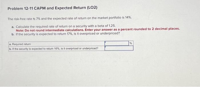 Solved Problem 12-11 CAPM and Expected Return (LO2) The | Chegg.com