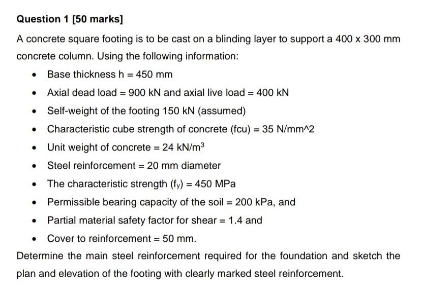 Solved A concrete square footing is to be cast on a blinding | Chegg.com