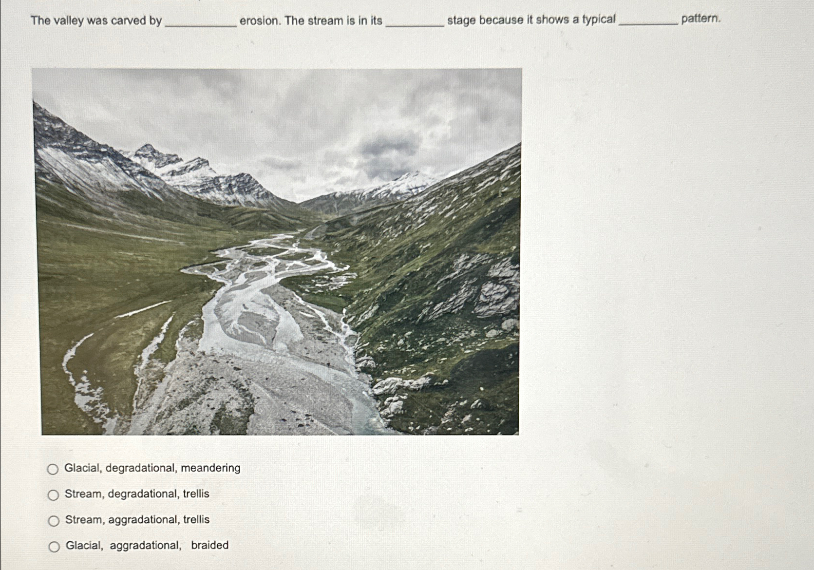 Solved The valley was carved by erosion. The stream is in | Chegg.com