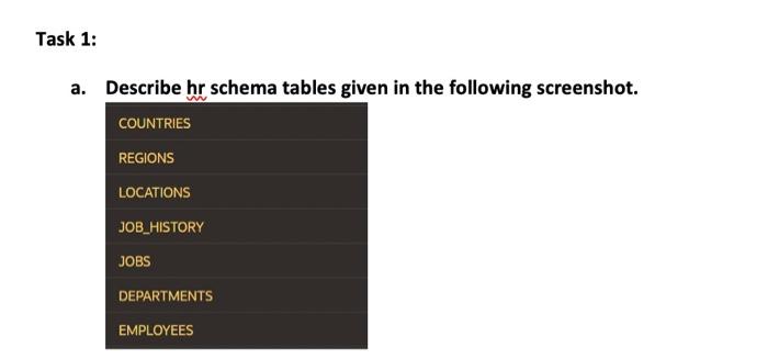 Solved Task 1: a. Describe hr schema tables given in the | Chegg.com
