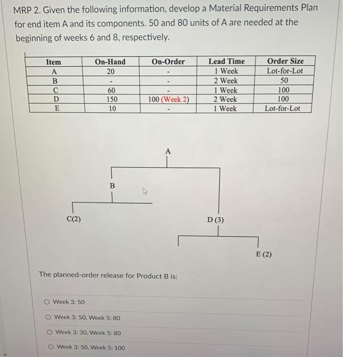 Solved MRP 2. Given the following information, develop a | Chegg.com