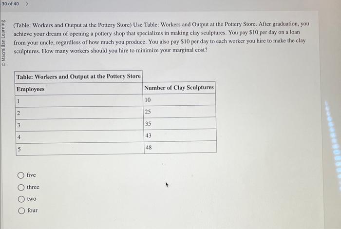 Solved (Table: Workers and Output at the Pottery Store) Use | Chegg.com