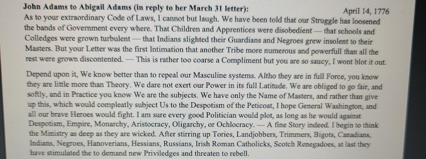 Abigail Adams letter to John Adams Braintree March | Chegg.com
