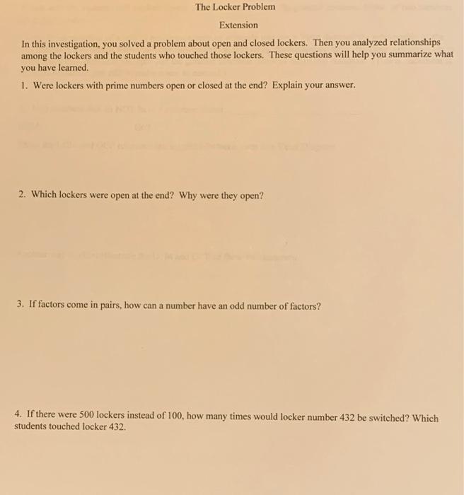 Solved The Locker Problem There are 100 lockers in one | Chegg.com