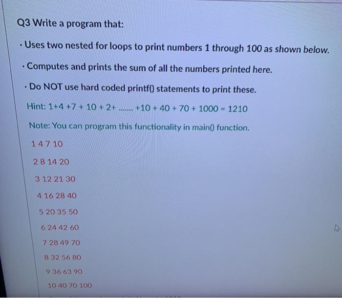 Solved Q3 Write a program that: Uses two nested for loops to | Chegg.com