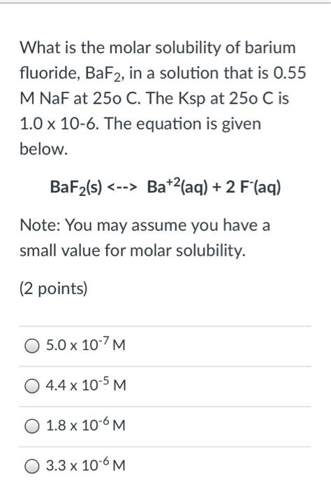 Solved What is the molar solubility of barium fluoride, | Chegg.com