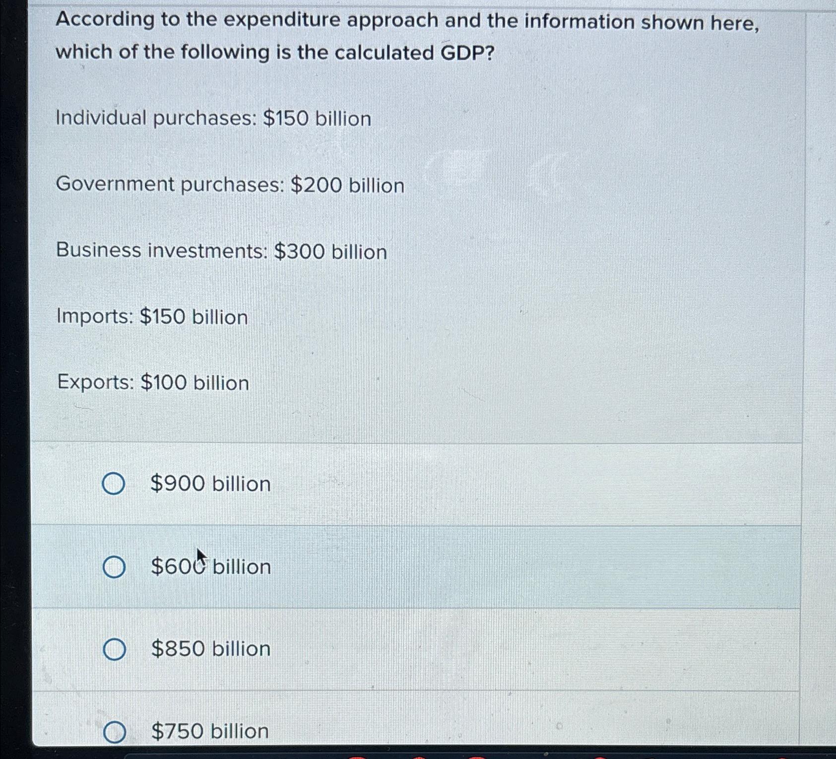 Solved According to the expenditure approach and the | Chegg.com