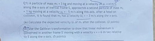 Solved Q1) ﻿A particle of mass m1=3kg ﻿and moving at a | Chegg.com
