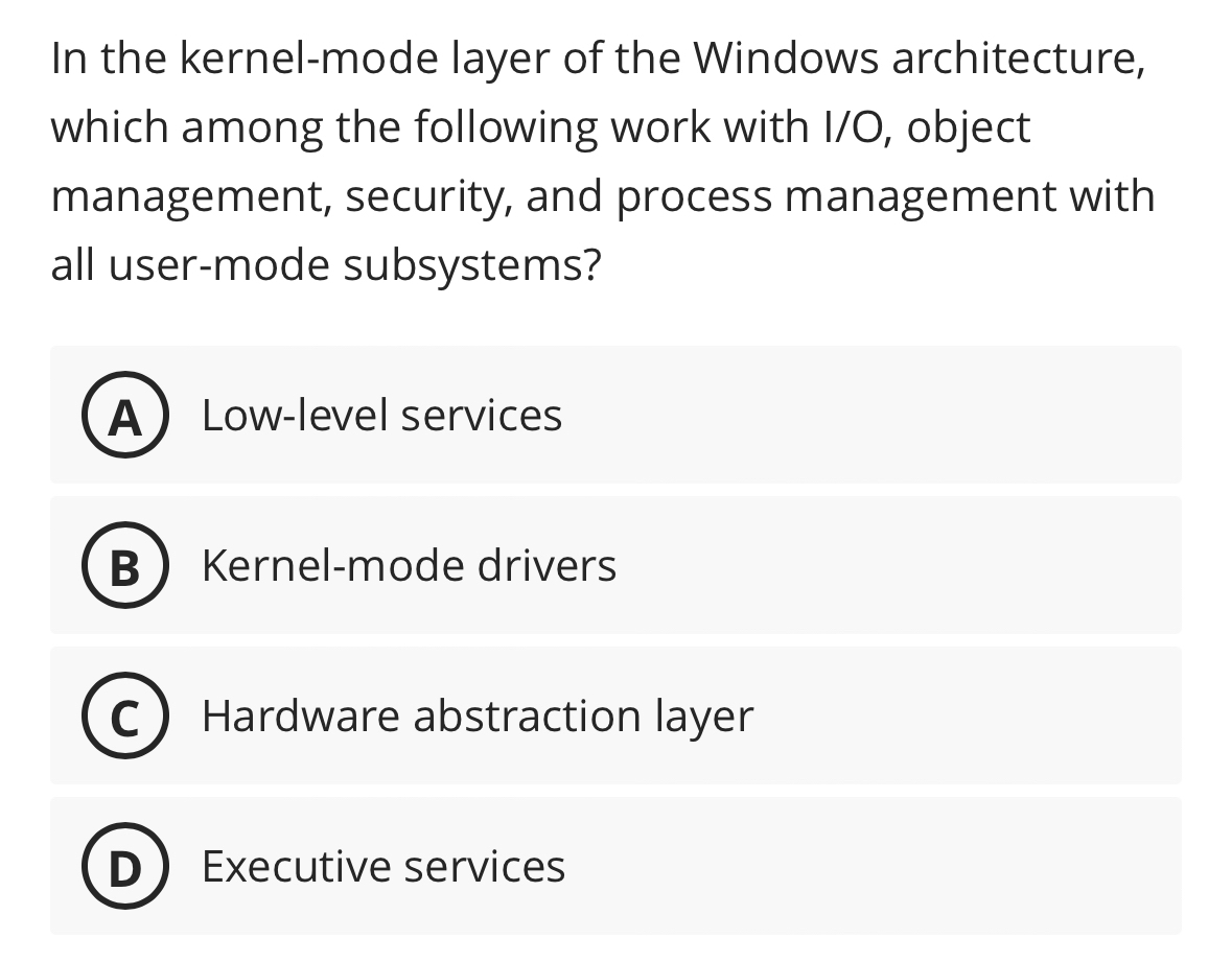 Solved In the kernel-mode layer of the Windows architecture, | Chegg.com