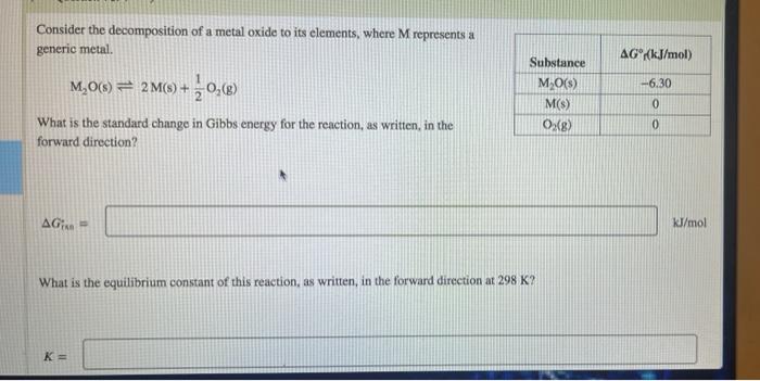 Solved Consider the decomposition of a metal oxide to its | Chegg.com