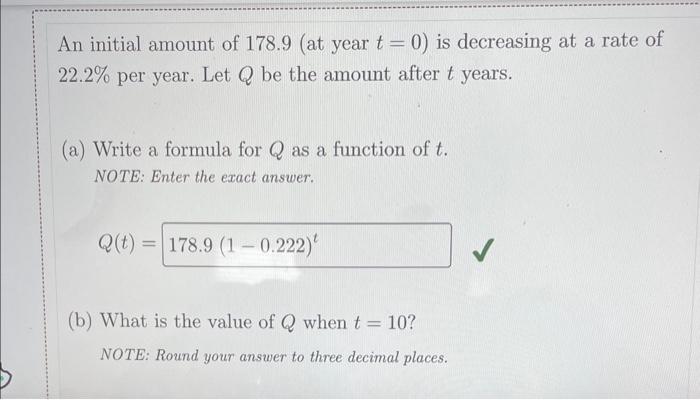 Solved An initial amount of 0.8 (at year t=0 ) is decreasing | Chegg.com