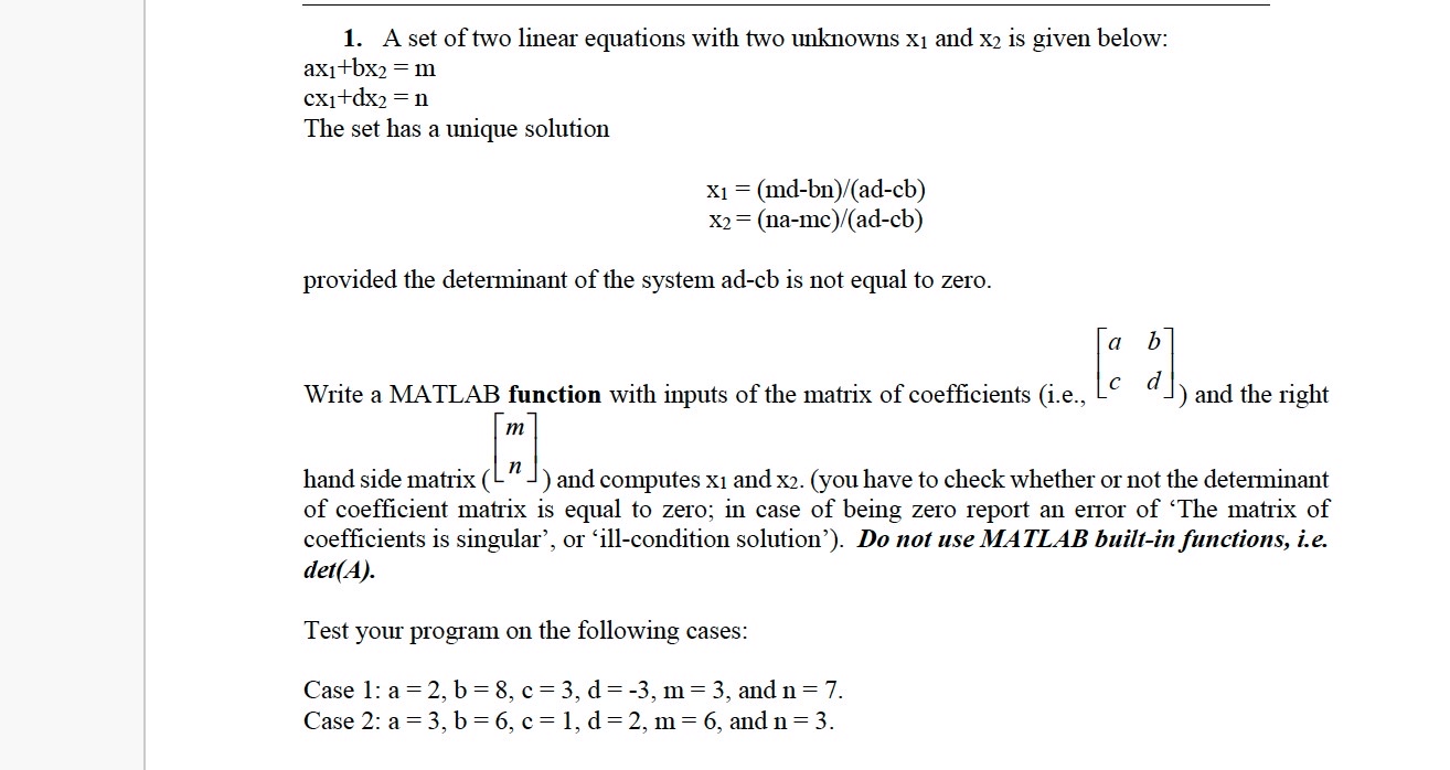 Solved A Set Of Two Linear Equations With Two Unknowns X1