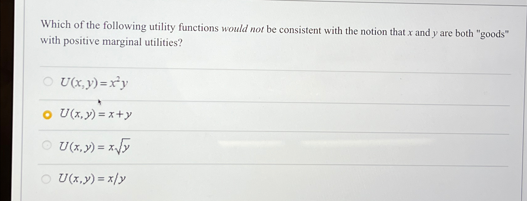 Solved Which of the following utility functions would not be | Chegg.com