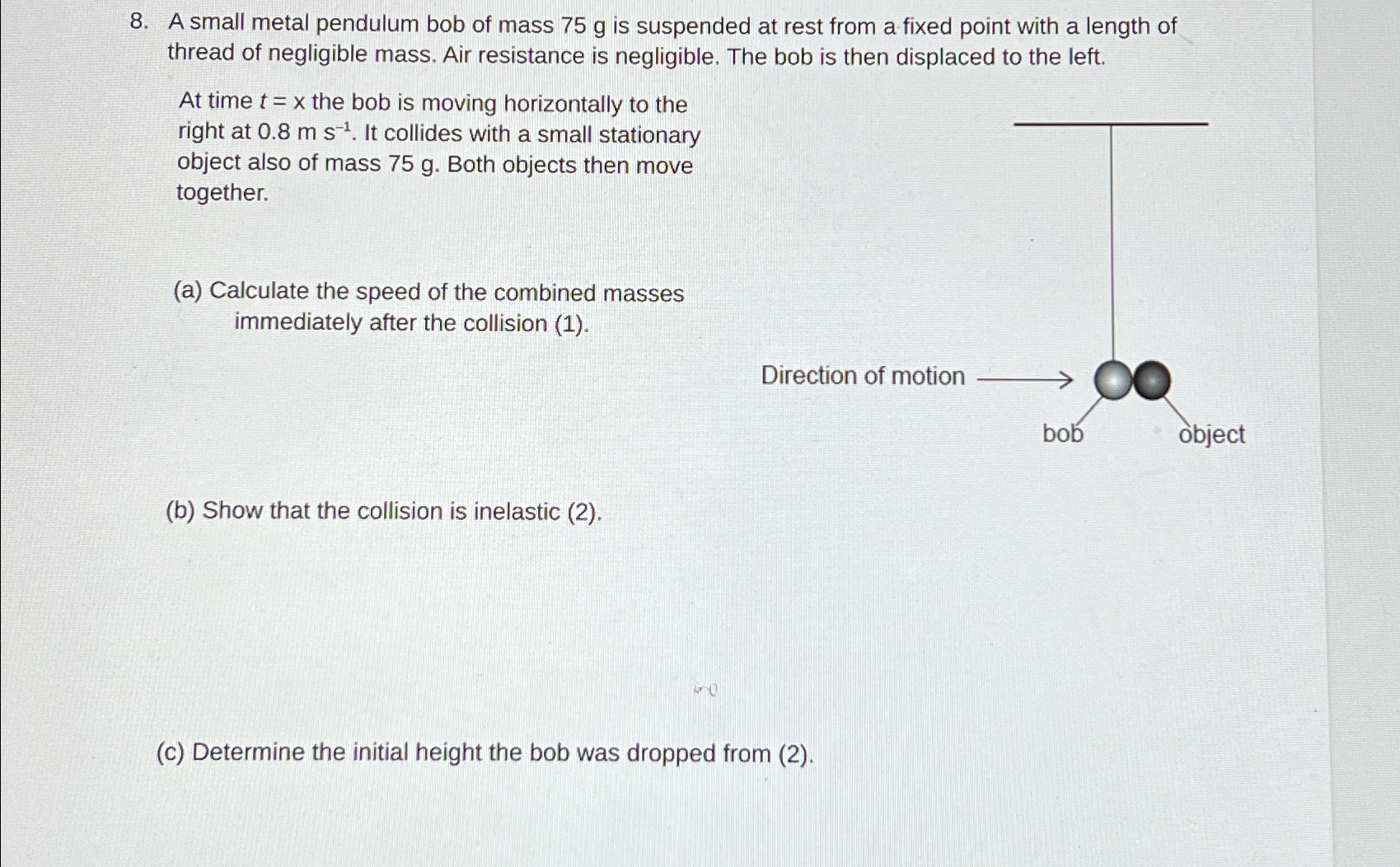 Solved A small metal pendulum bob of mass 75g ﻿is suspended | Chegg.com