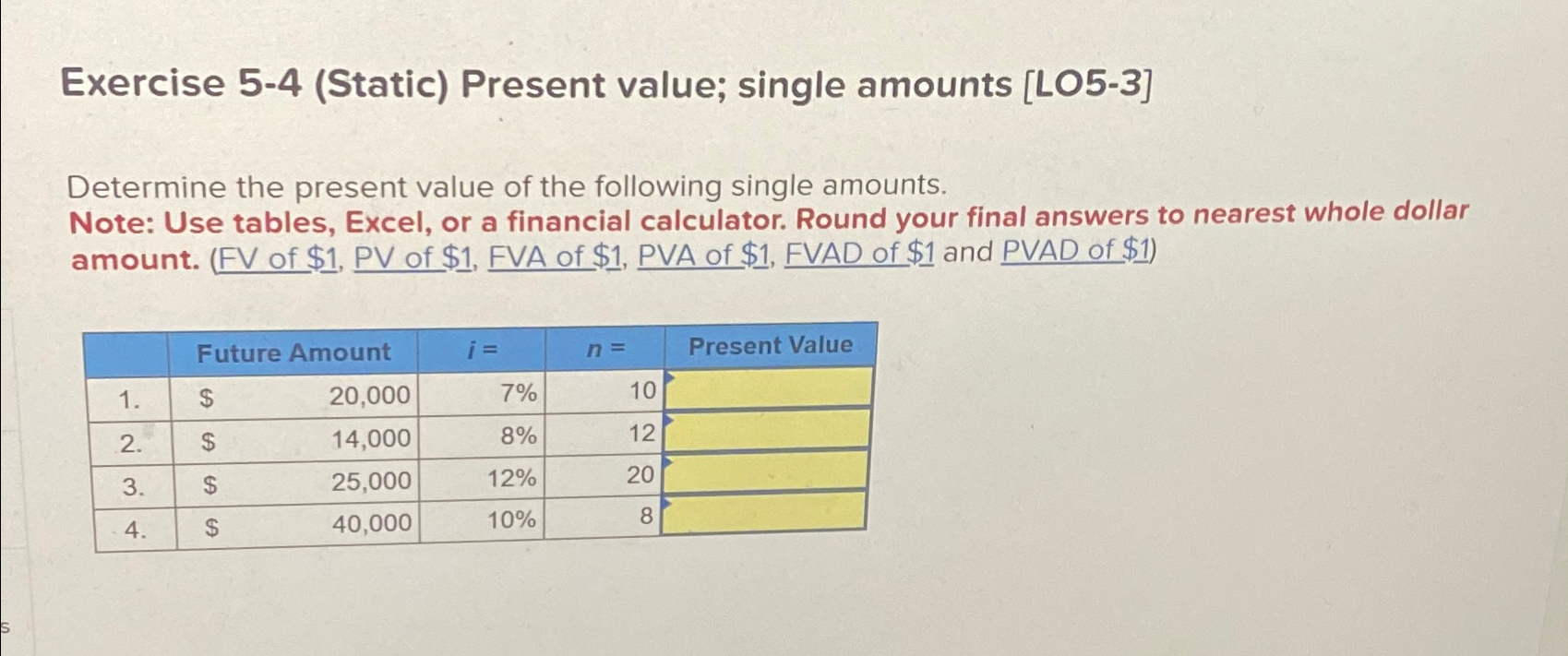 Solved Exercise 5-4 (Static) ﻿Present value; single amounts | Chegg.com