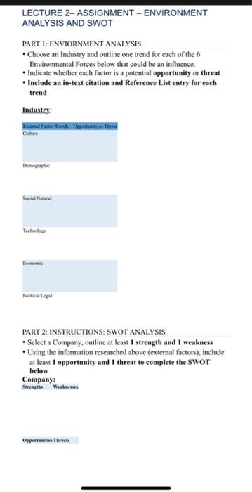 LECTURE 2- ASSIGNMENT - ENVIRONMENT ANALYSIS AND SWOT | Chegg.com