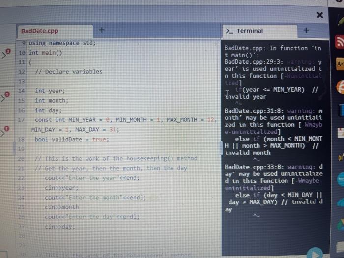 Solved X > Terminal + BadDate.cpp + 9 using namespace std; | Chegg.com