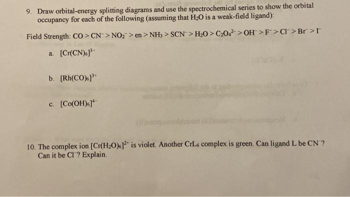 Solved 9. Draw orbital-energy splitting diagrams and use the | Chegg.com