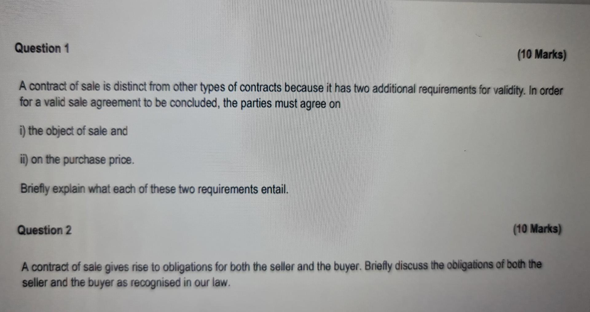 Solved Question 1 (10 Marks) A contract of sale is distinct | Chegg.com