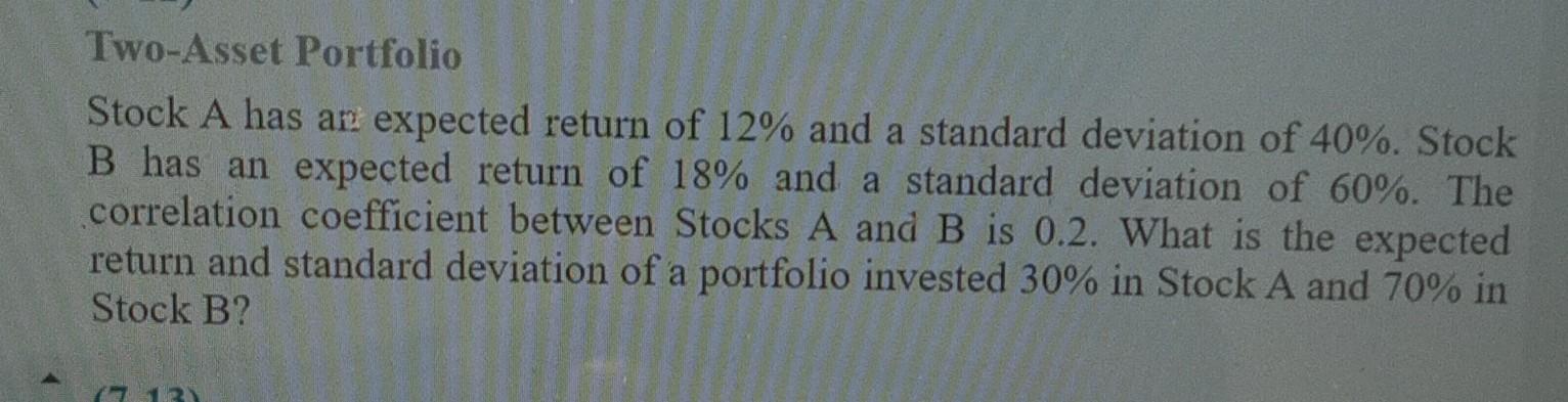 Solved Two-Asset Portfolio Stock A has an expected return of | Chegg.com