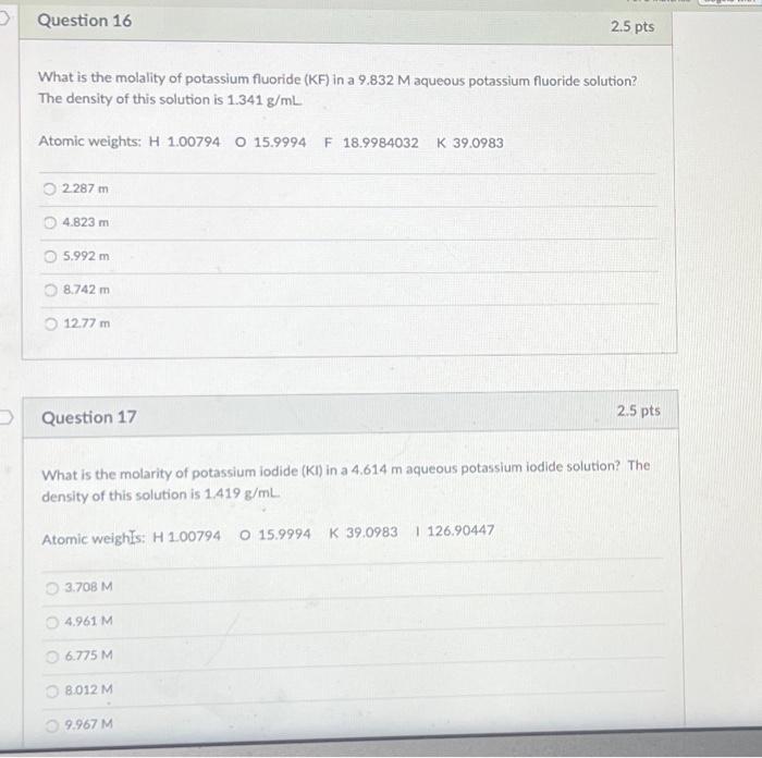 Solved What is the molality of potassium fluoride (KF) in a | Chegg.com