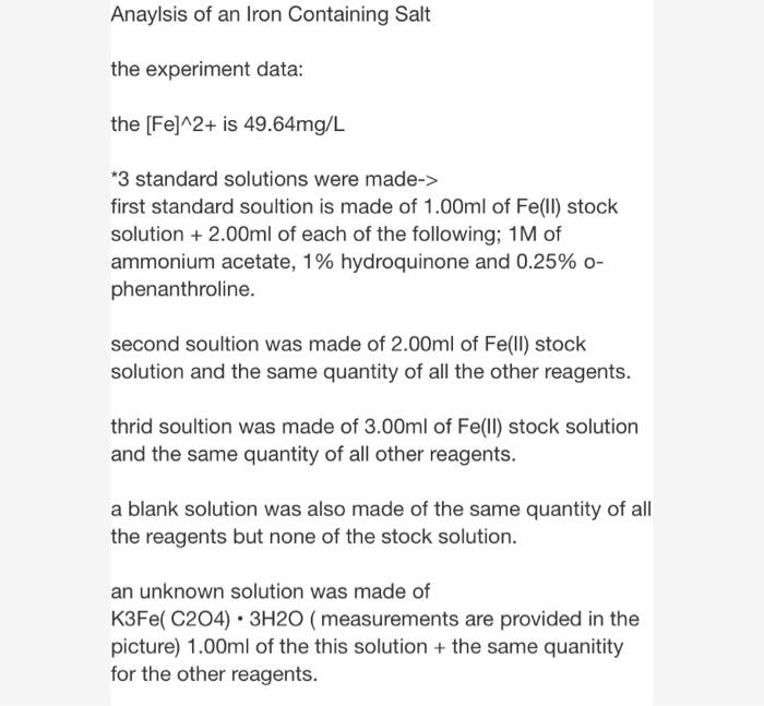 Solved Anaylsis of an Iron Containing Salt the experiment | Chegg.com