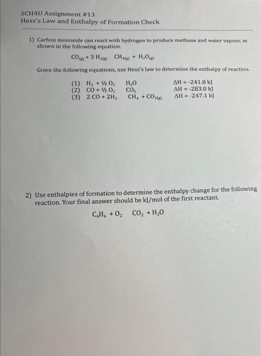 Solved SCH4U Assignment \#13 Hess's Law and Enthalpy of | Chegg.com