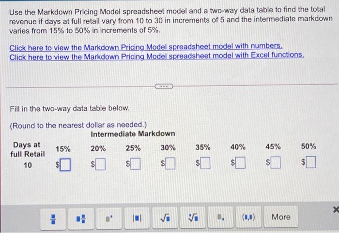 Solved Use the Markdown Pricing Model spreadsheet model and | Chegg.com