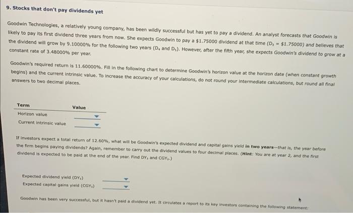 Solved 9. Stocks that don't pay dividends yet Goodwin | Chegg.com