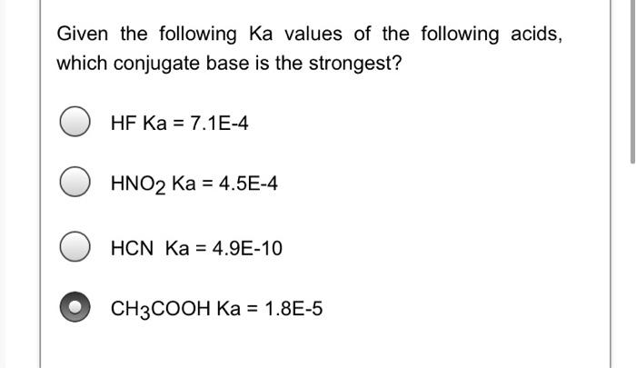 Solved Given the following Ka values of the following acids, | Chegg.com
